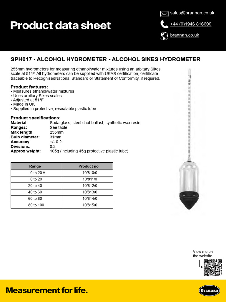Alcohol Hydrometer Alcohol Sikes Hydrometers SPH017 Brannan Product Data Sheet | PDF