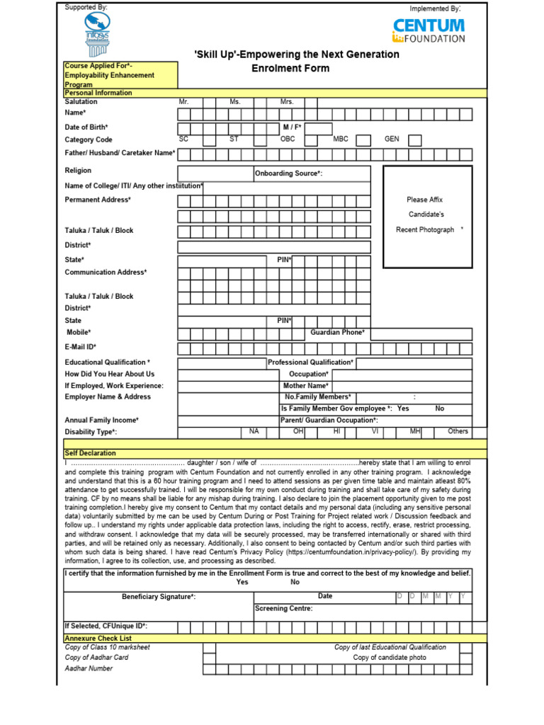 Enrollment Form for Skill Training | PDF