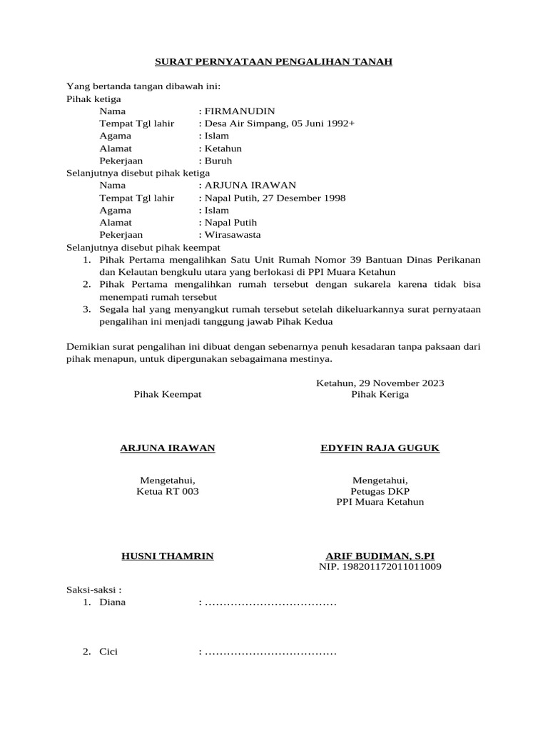 Surat Pernyataan Pengalihan Tanah | PDF