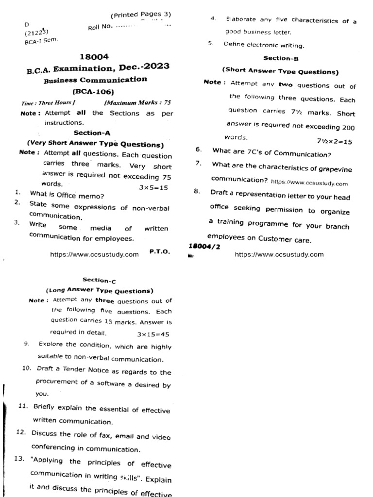 Business Communication BCA 2023 QP | PDF