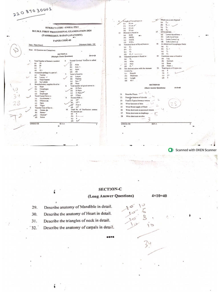 Exam Paper 2024 BUMS 1ST PROF | PDF