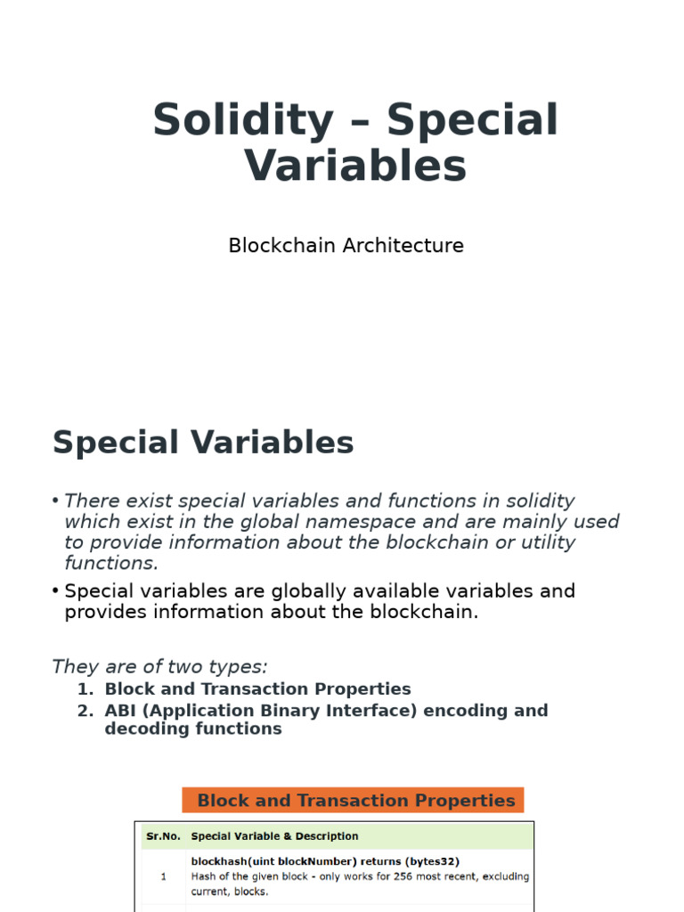 Solidity - Special Variables | PDF | Variable (Computer Science) | Computer Programming
