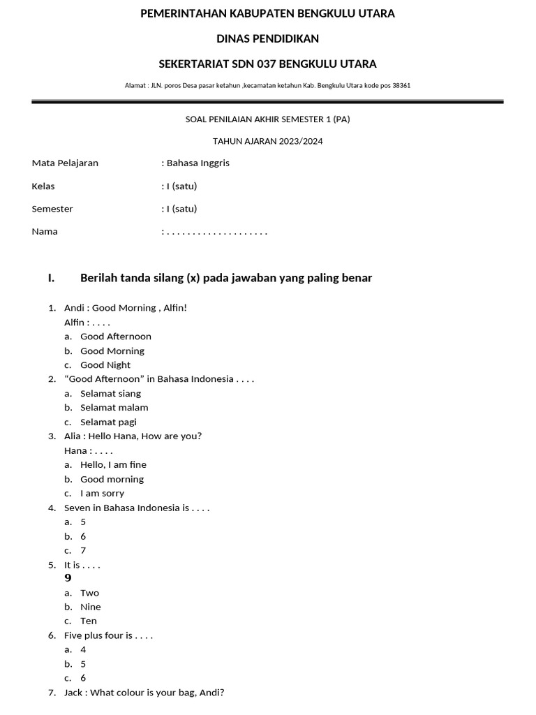 Soal Penilaian Akhir Semester 1 (Pas) | PDF