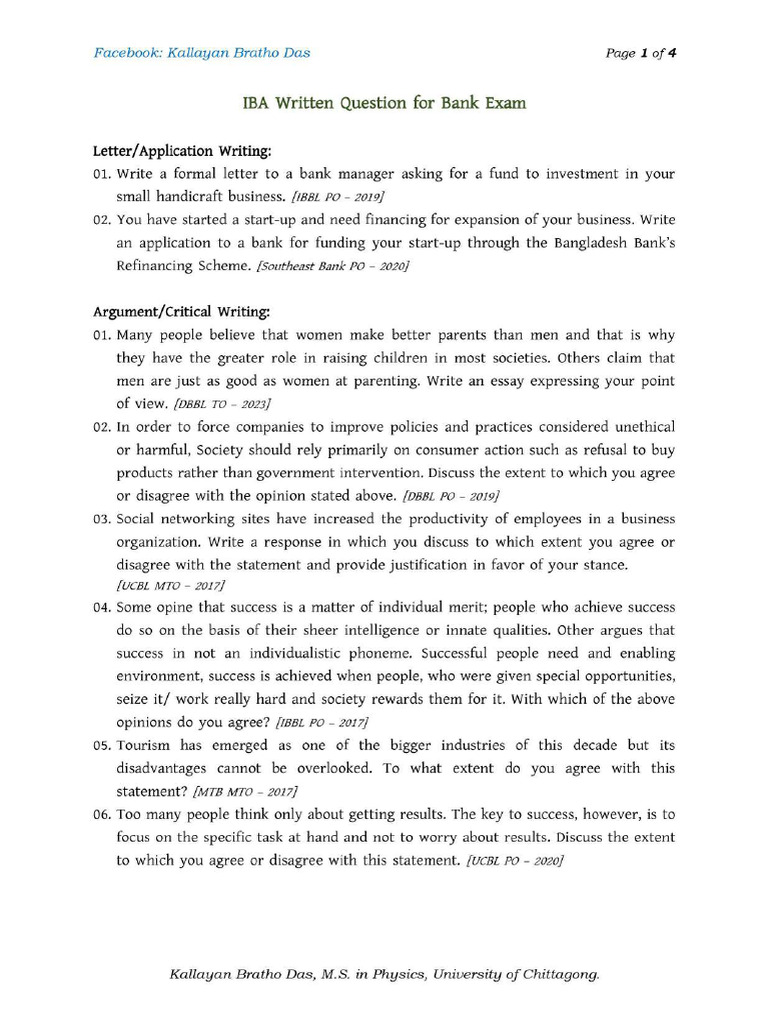 DBBL Written Suggestions - IBA Previous Bank Written Questions With ...