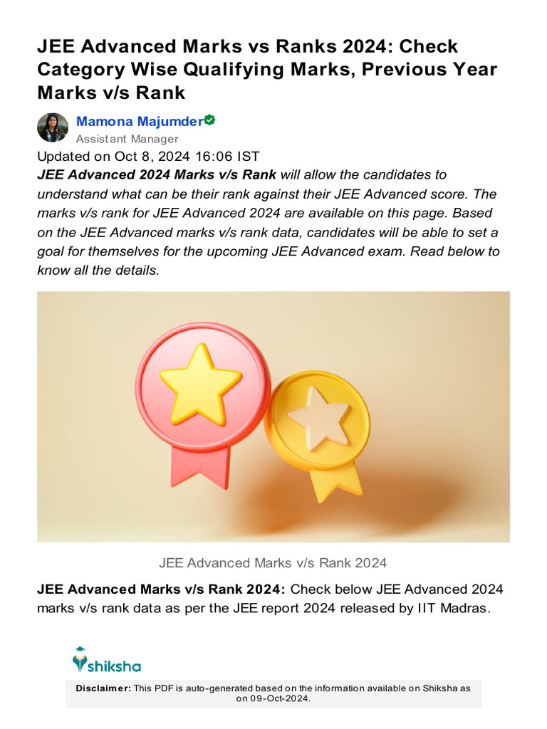 JEE Advanced Marks Vs Ranks 2024: Check Category Wise Qualifying Marks ...