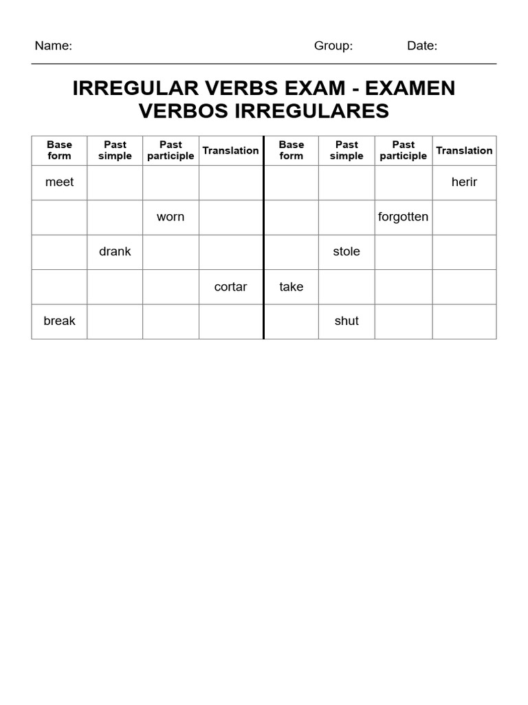 Irregular Verbs Exam 1 | PDF