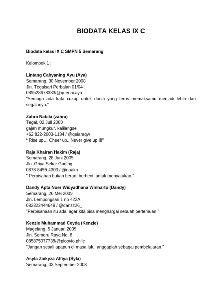 Biodata Siswa Kelas IX C SMPN 5 Semarang | PDF