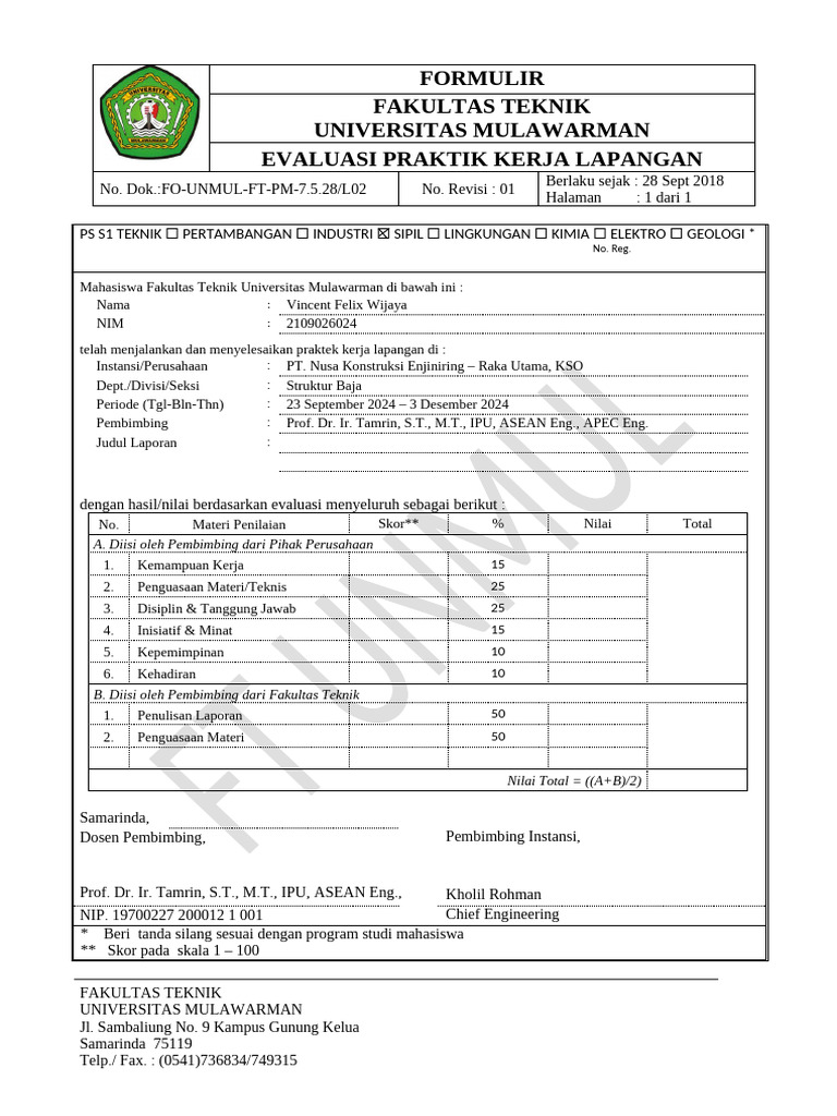 Formulir Penilaian PKL | PDF