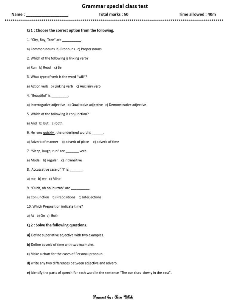 Grammar Test: Parts of Speech Quiz | PDF