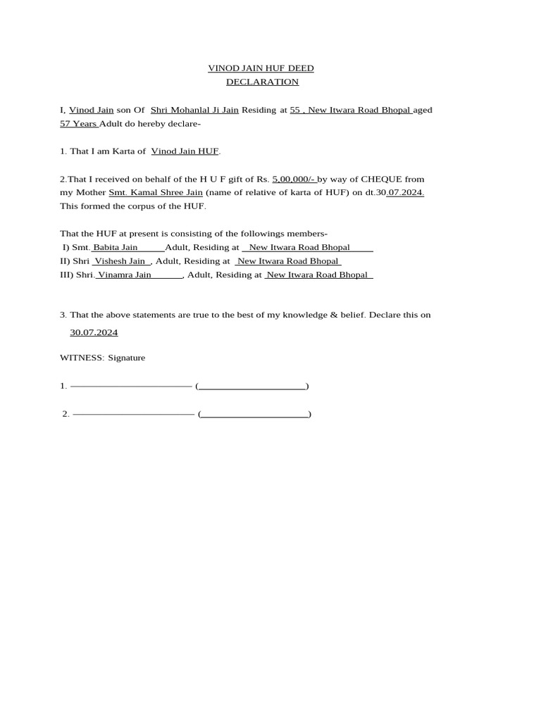 Vinod Jain HUF Gift Declaration Document | PDF