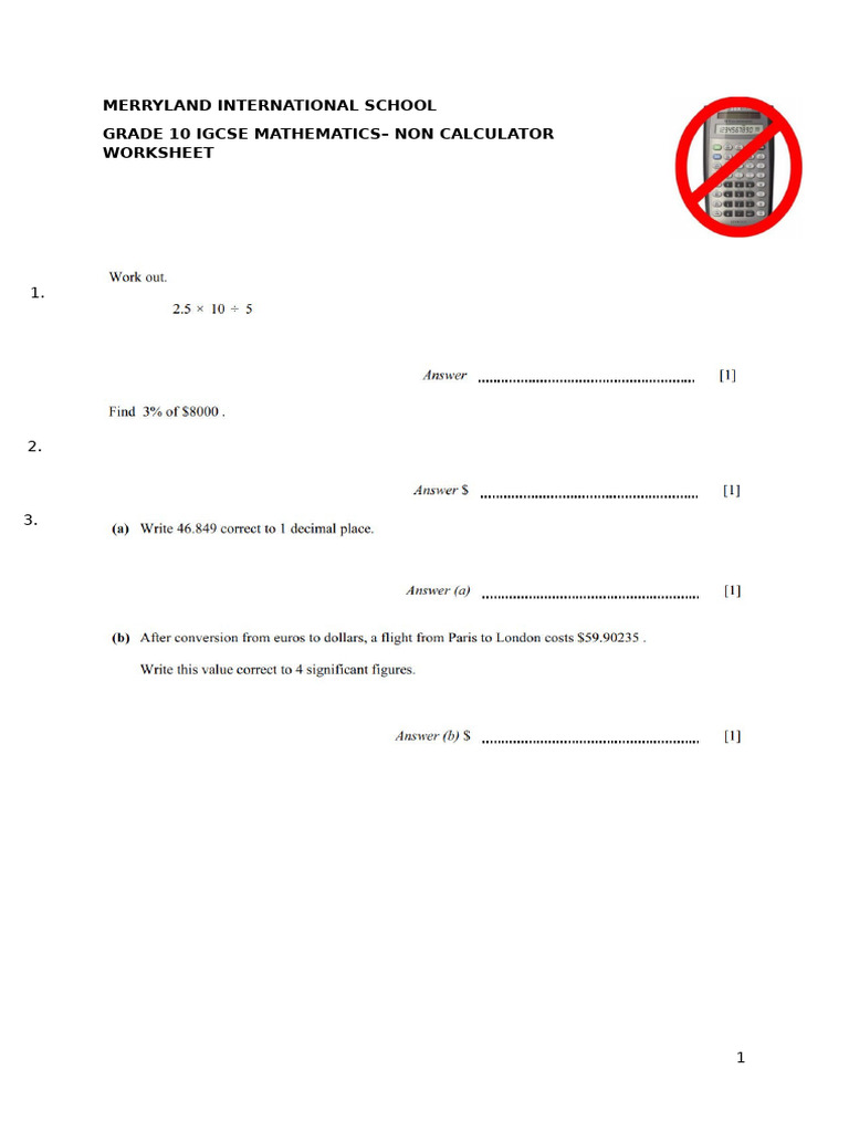 Non Calculator Extra Worksheet 4 | PDF