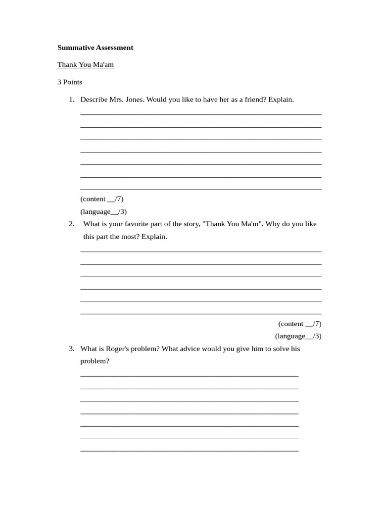"Thank You Ma'am: Summative Assessment" | PDF