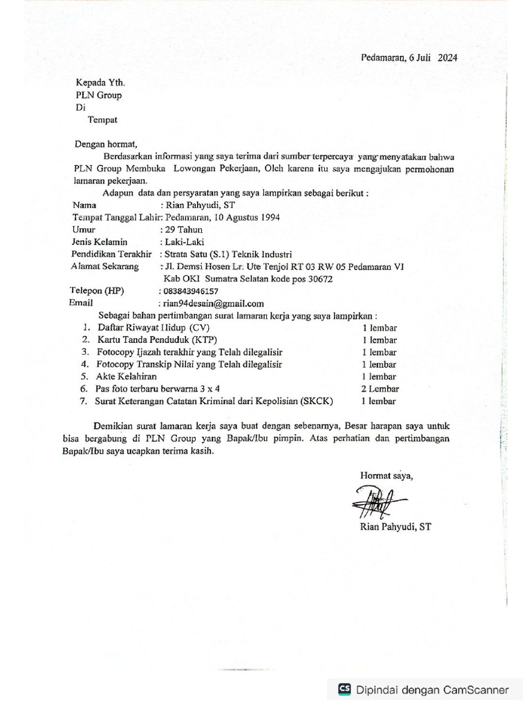 Lamaran Kerja Rian Pahyudi | PDF