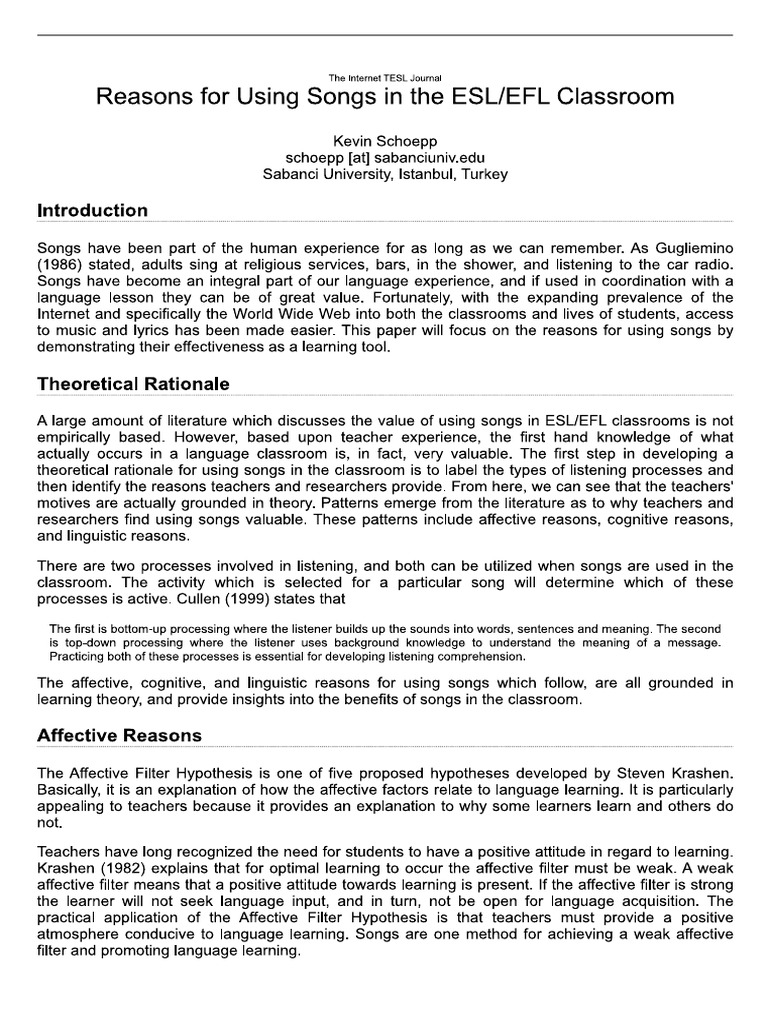 2001 - Reasons For Using Songs in The ESL-EFL Classroom | PDF
