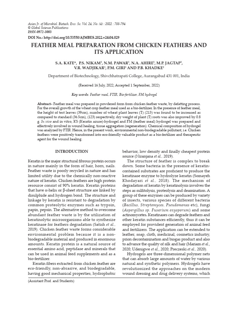 Feather Meal Preparation From Chicken Feathers and | PDF | Proteolysis | Protease