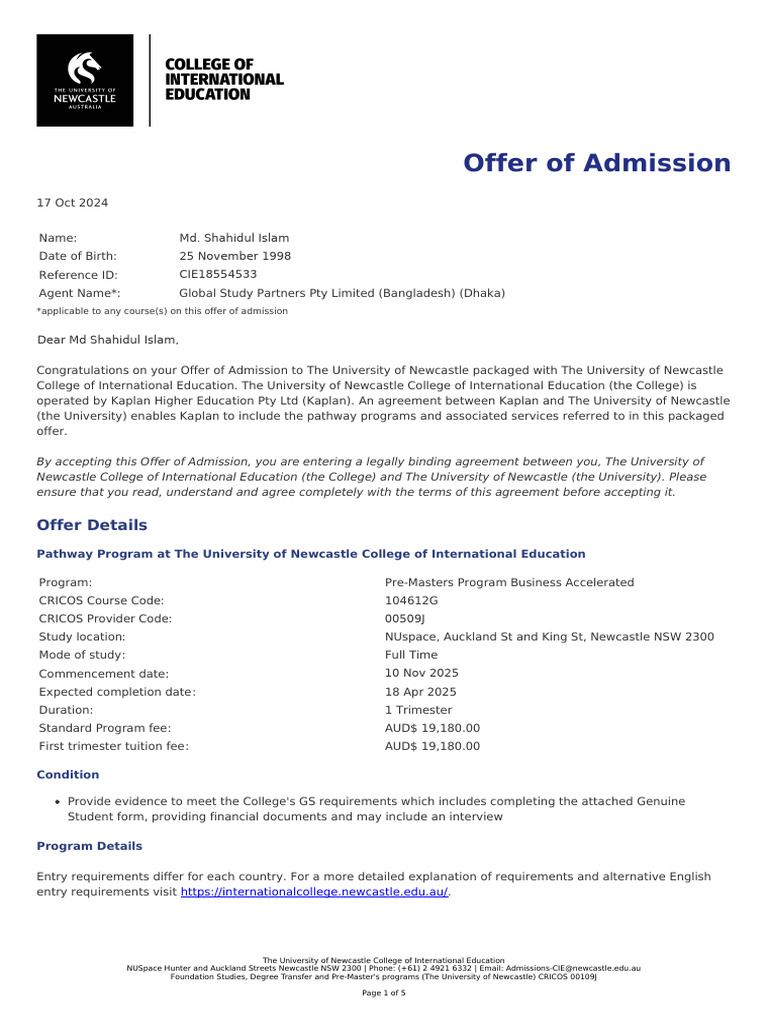 Offer - Letter - University of Newcastle | PDF | Payments | Credit Card