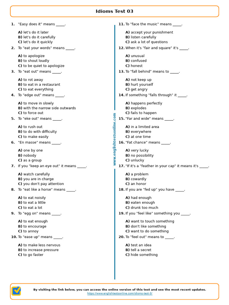 1784 Idioms Test 03 | PDF