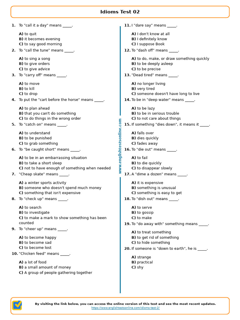 1783 Idioms Test 02 | PDF
