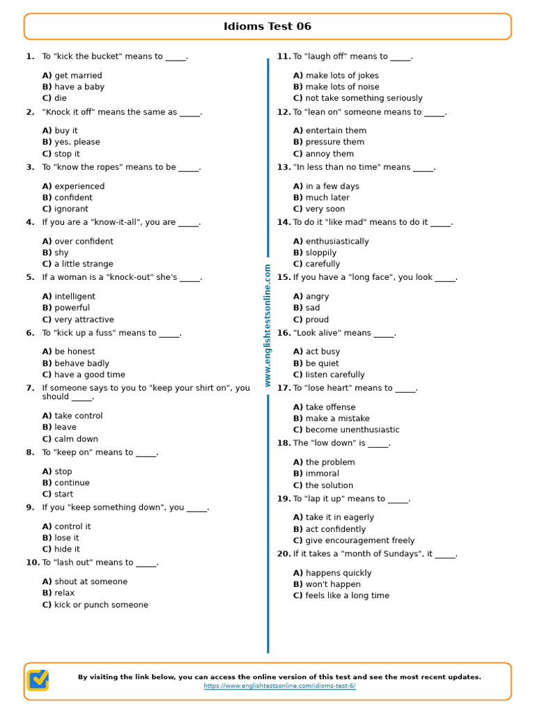 Idioms Quiz and Test Guide | PDF