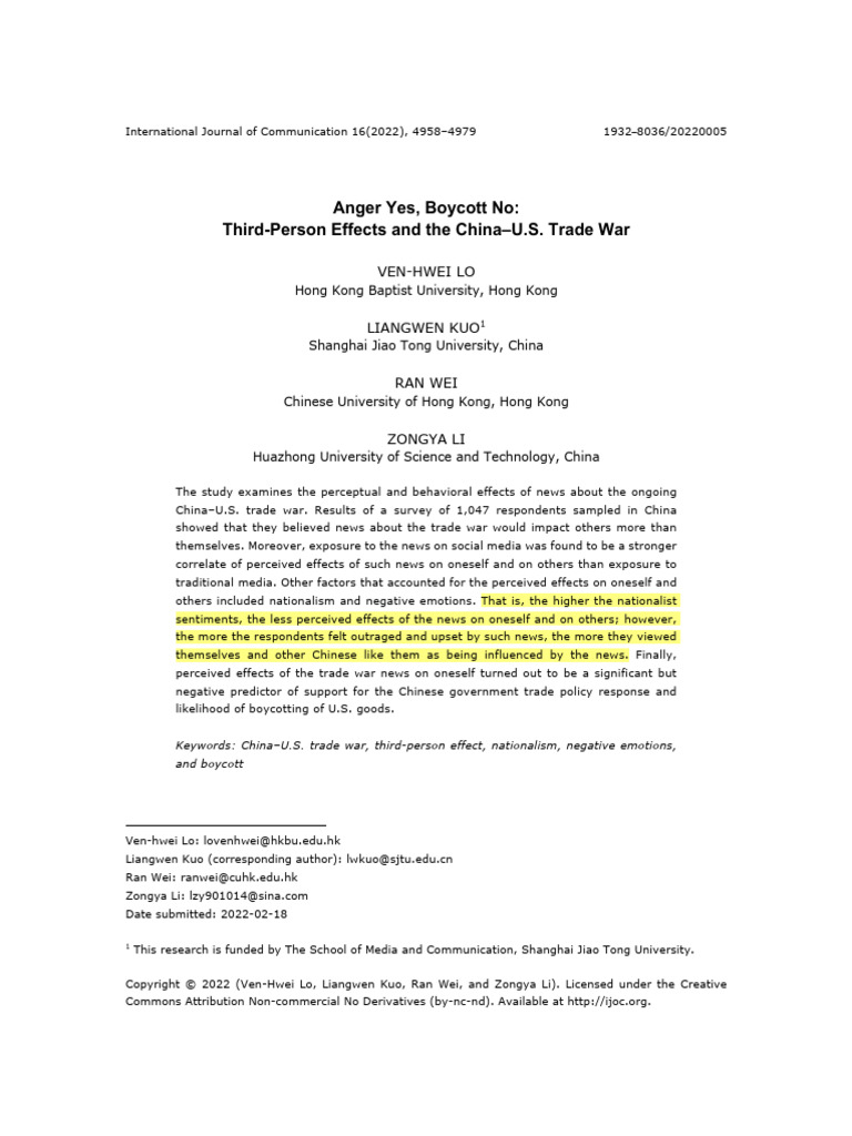 Anger Yes, Boycott No - Third-Person Effects and The China-U.S. Trade War | PDF | Emotions ...