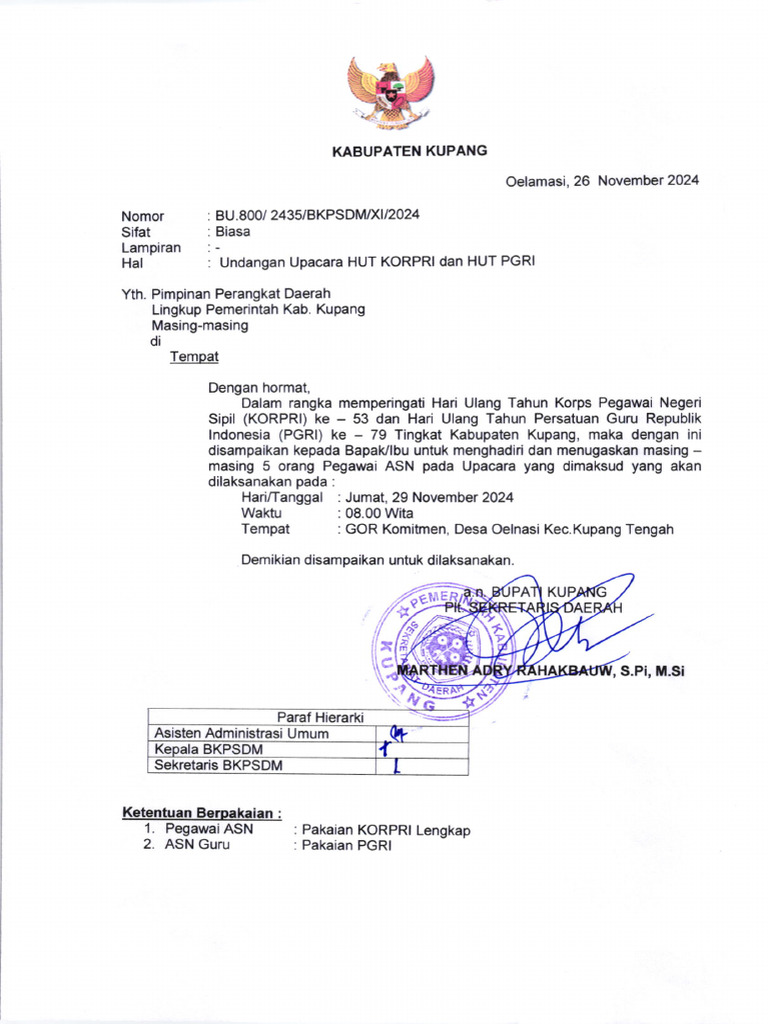 Undangan Upacara HUT KORPRI Dan PGRI Kab. Kupang Tahun 2024 | PDF