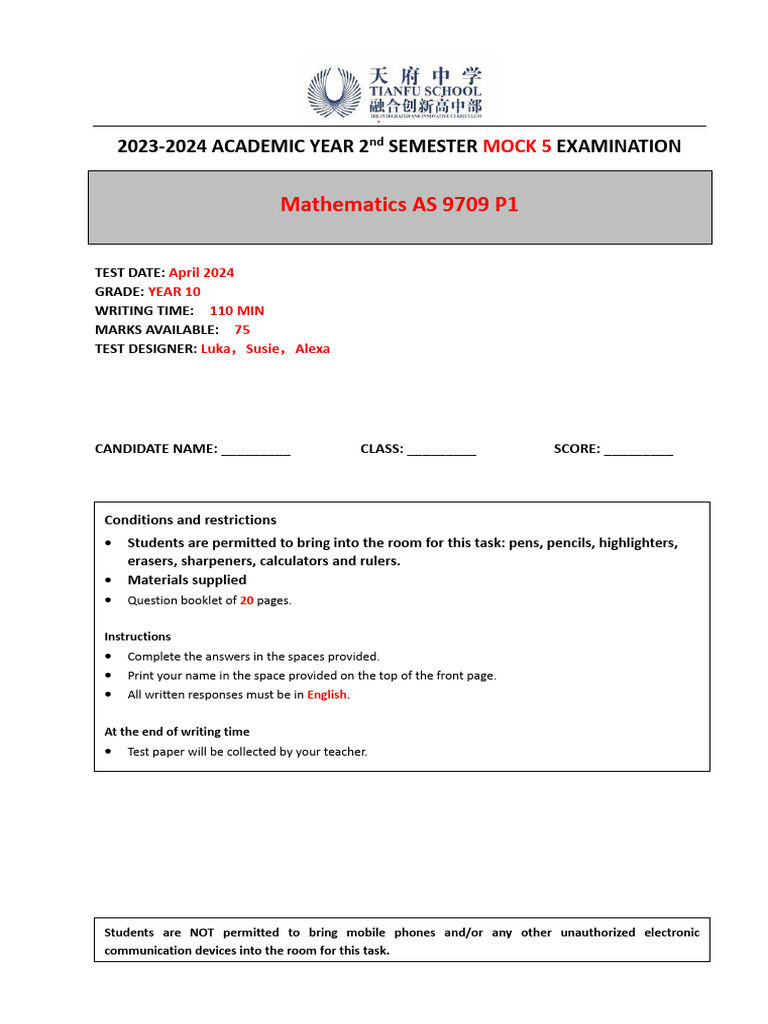9709P1 Mock5 W23-12 | PDF | Equations | Area