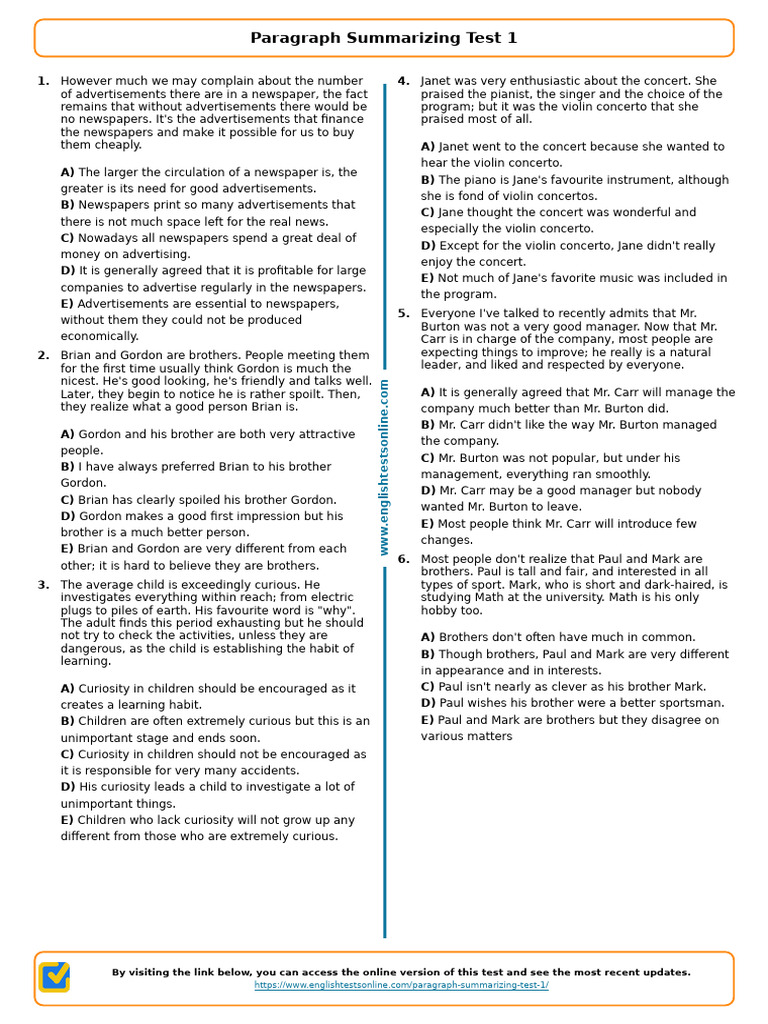 Paragraph Summarizing Test Answers | PDF | Newspapers | Curiosity