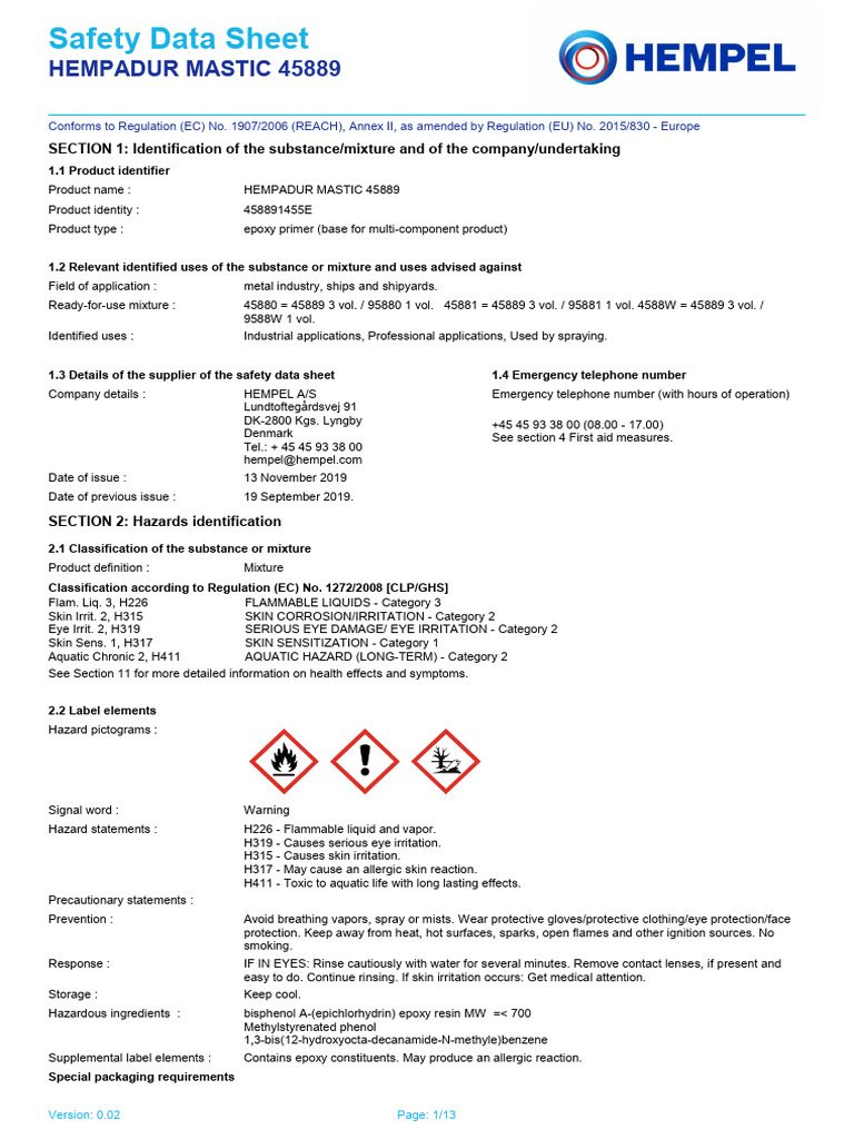 MSDS Hempadur | PDF | Combustion | Solvent