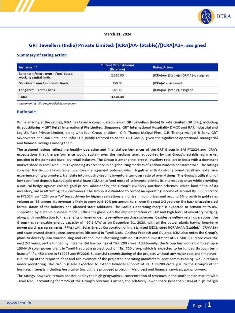 GRT Jewellers: Financial Ratings Overview | PDF | Credit Rating Agency ...