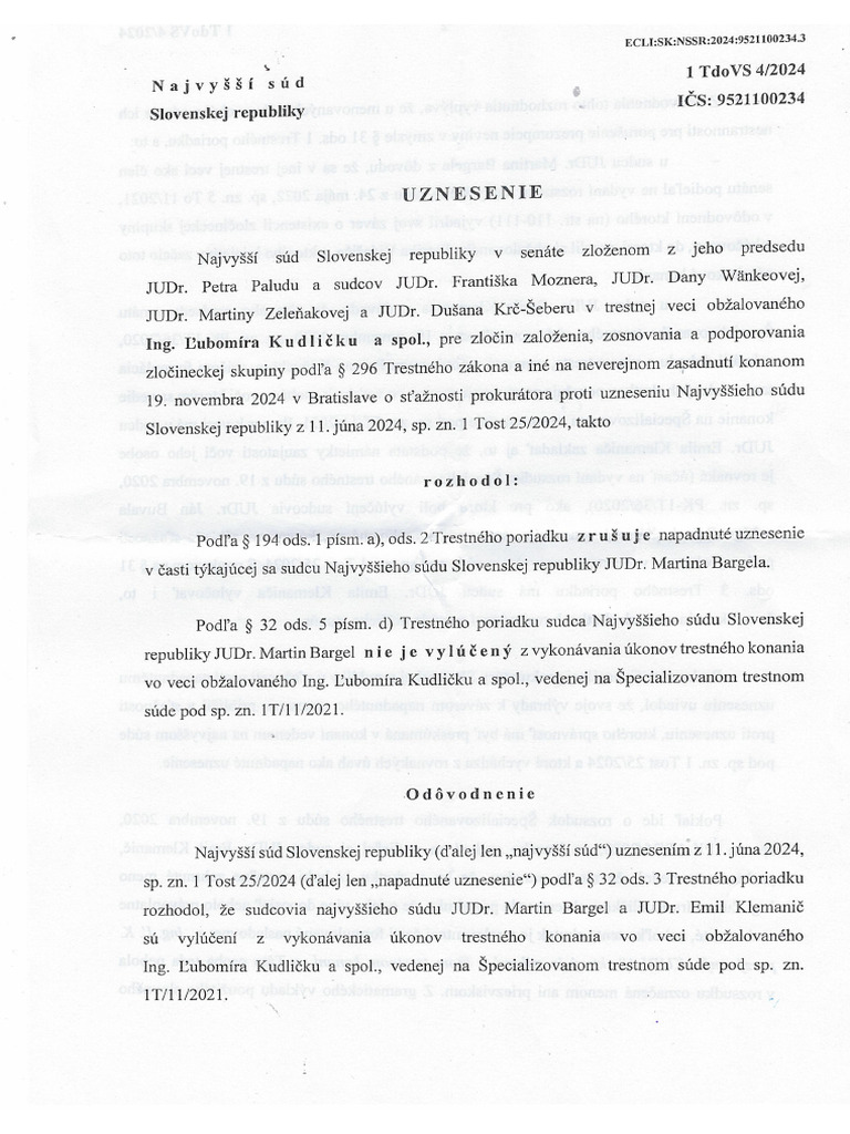 NSSR 5cleny Senat Takacovci Namietka Zaujatosti Staznost Prokurator | PDF