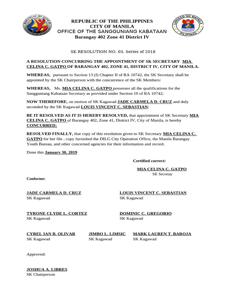 Print SK Secretary Resolution | PDF