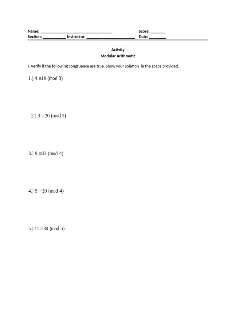 Activity Modular Arithmetic 1 | PDF