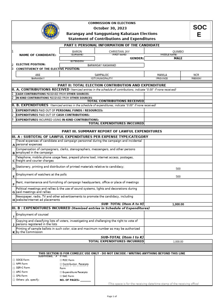 Soce2023bskeforms Form1 1 | PDF | Expense | Elections