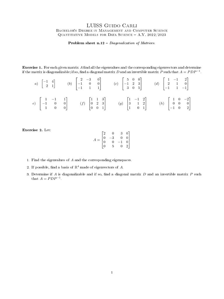 Matrix Diagonalization Exercises | PDF | Eigenvalues And Eigenvectors | Mathematical Physics