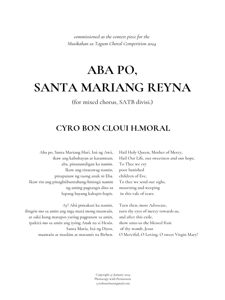 Aba Po, Santa Mariamg Reyna Arr by Cyro Bon Cloui Moral | PDF