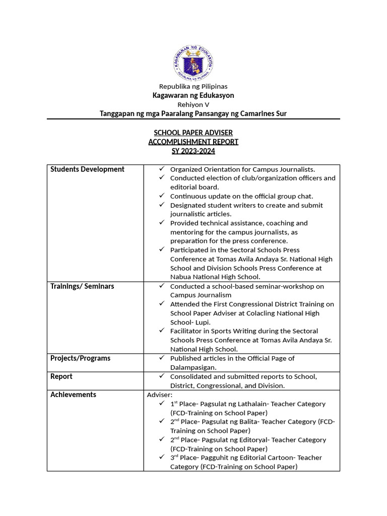 Accomplishment Reports Sy 2023,2024 | PDF