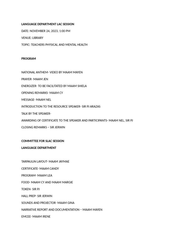 Language Department Lac Session | PDF