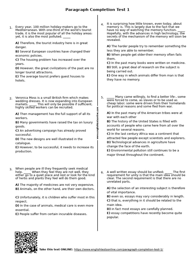 Paragraph Completion Advanced Test 1 | PDF | Tobacco Smoking | Addiction