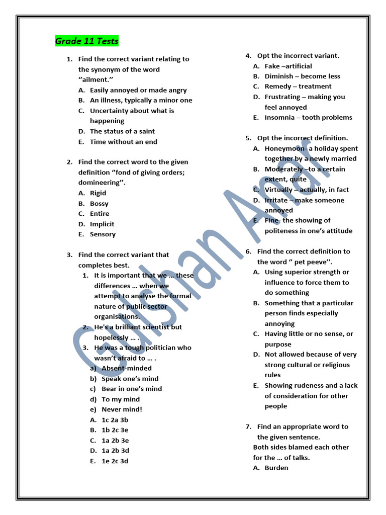 Grade 11 Tests | PDF