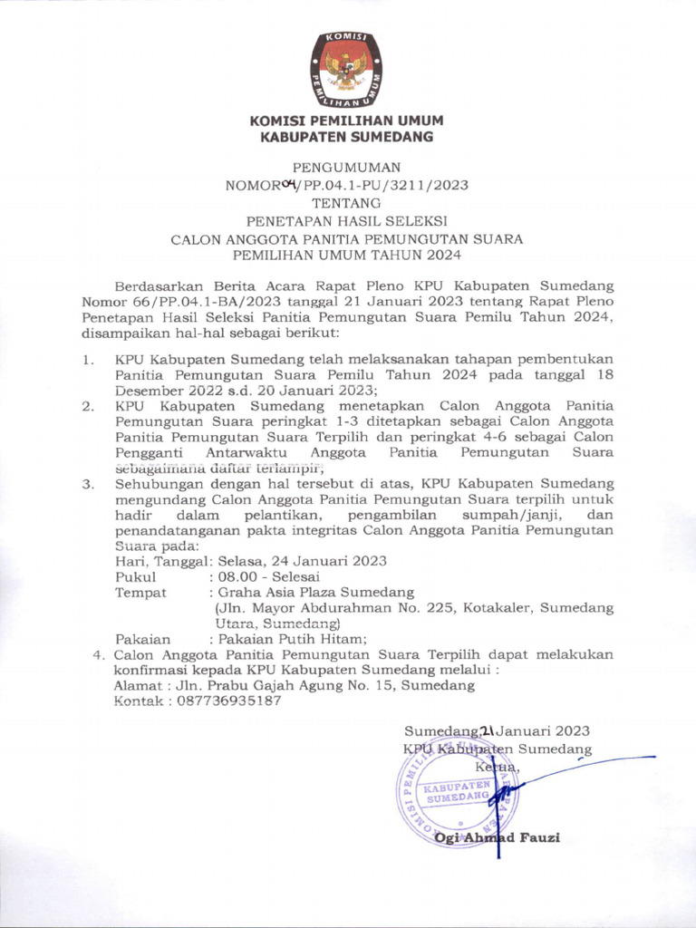 Pengumuman Hasil Seleksi PPS Pemilu 2024 (OK) | PDF