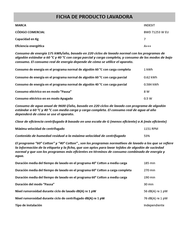 Lavadora Indesit BWD 71253 W EU 7kg A+++ | PDF | Naturaleza ...
