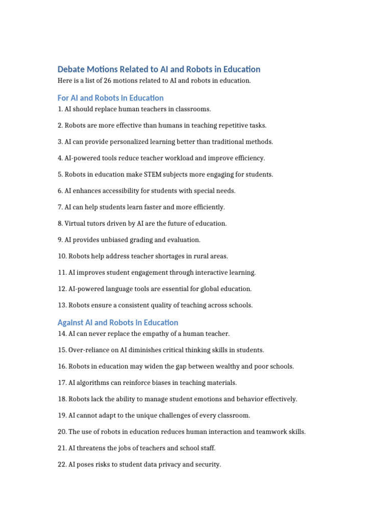 AI and Robots in Education Debate Motions | PDF