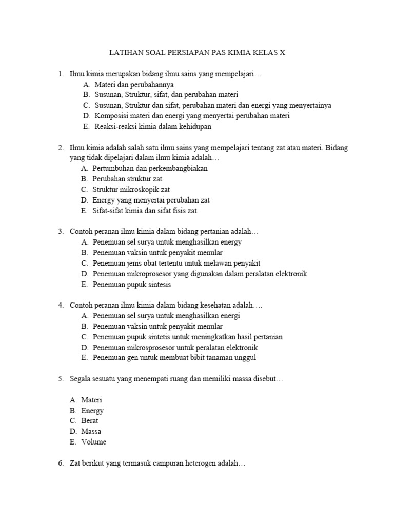 Latihan Soal Persiapan Pas Kimia Kelas X | PDF