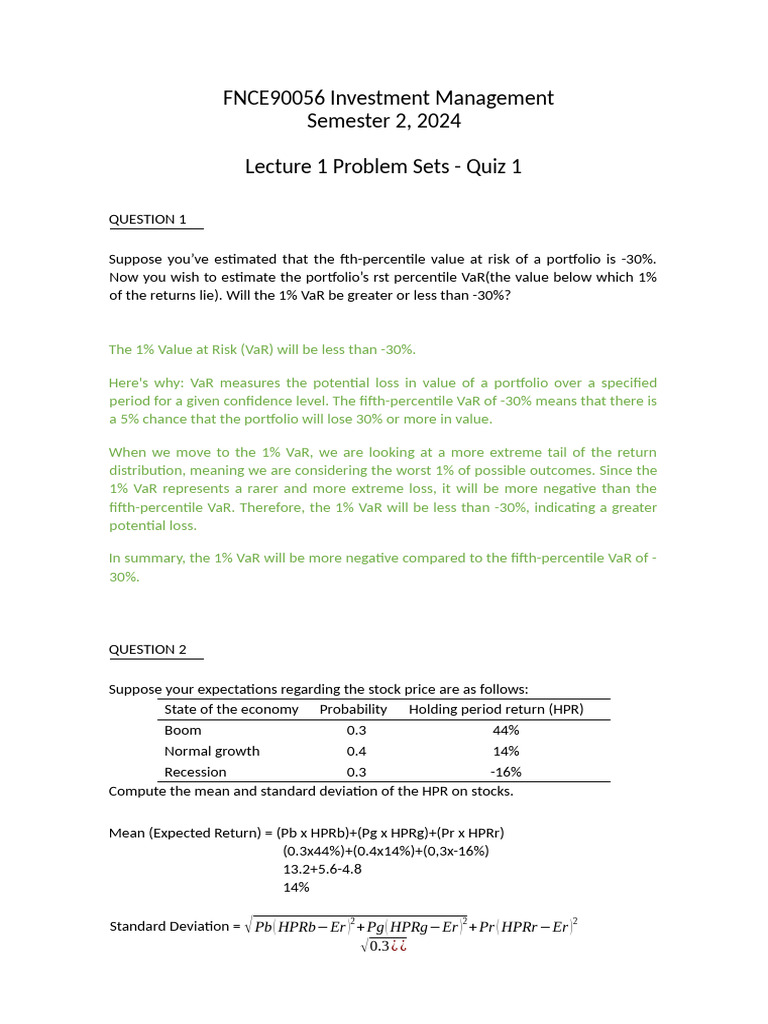 Quiz 1 - L1 - PS - 644679092 Jawaban | PDF | Value At Risk | Investing