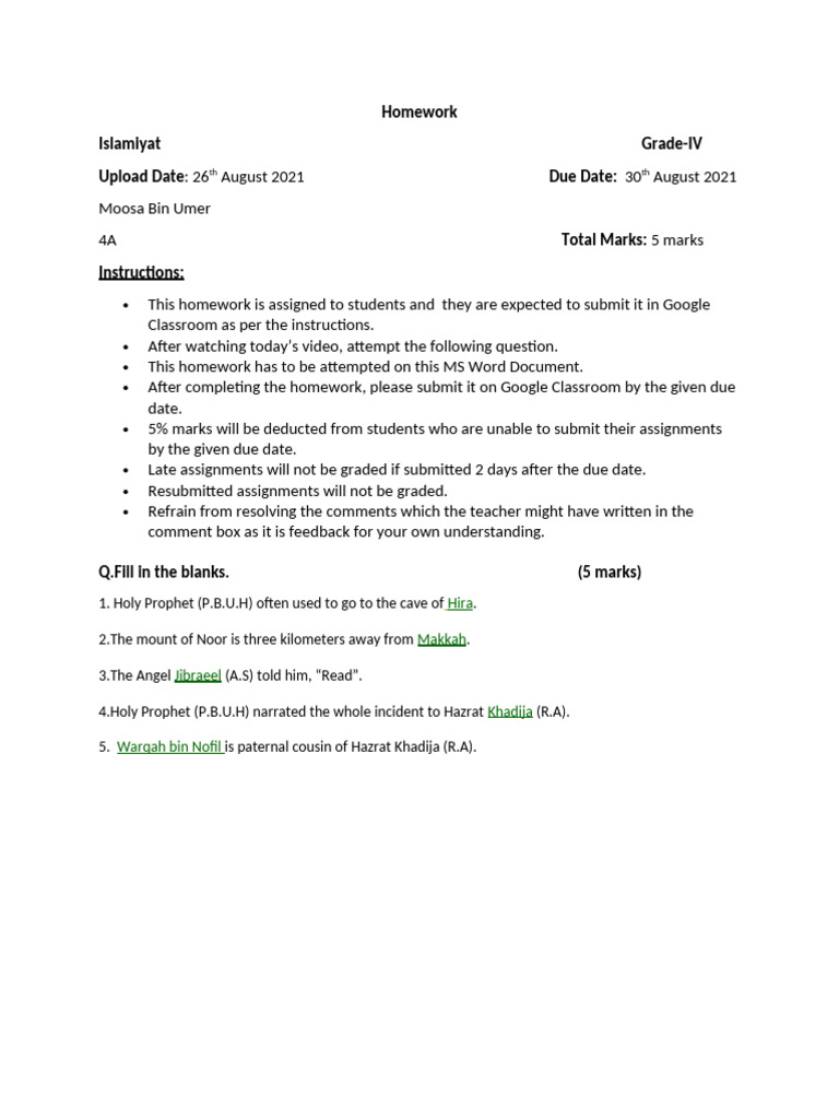 MOOSA BINUMER - 2nd Week Islamiyat GR 4 H.W | PDF