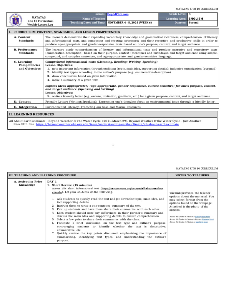 DLL Matatag - English 4 Q2 W6 | PDF | Reading Comprehension | Curriculum
