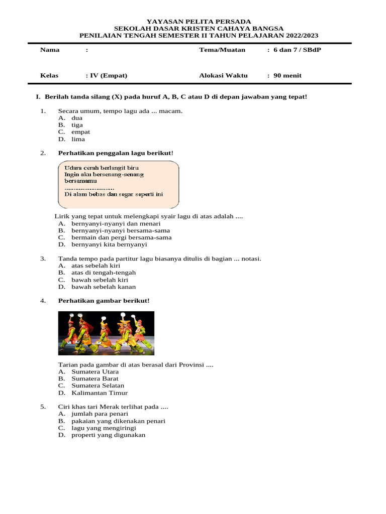 SOAL PTS 2 Tema 6-7 SBDP KELAS 4 2022-2023 | PDF