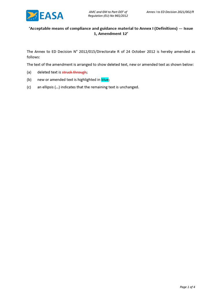 Amc GM To Annex I Definitions For Terms Used In Annexes II To VIII