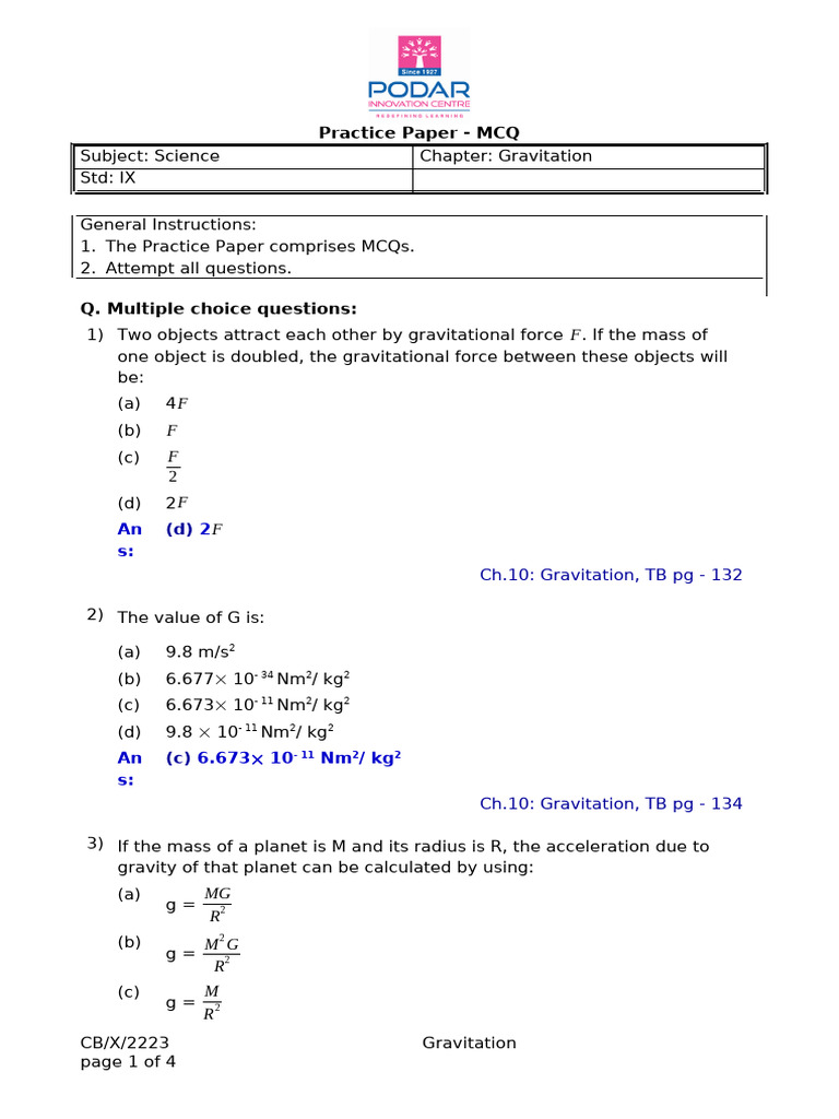 1701359323039.CB - IX - Sci - CH 10 Gravitation - MCQ | PDF | Mass | Gravity