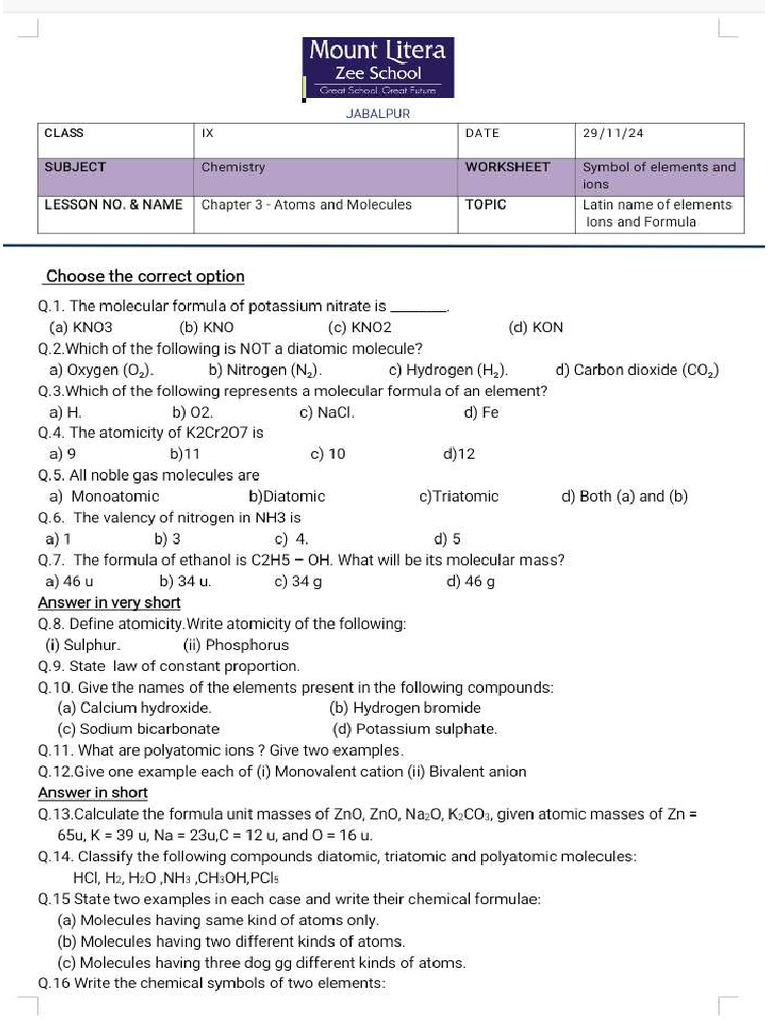 Chem - Revision Worksheet | PDF